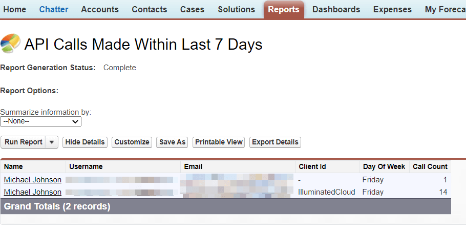 Salesforce API Limits Report run
